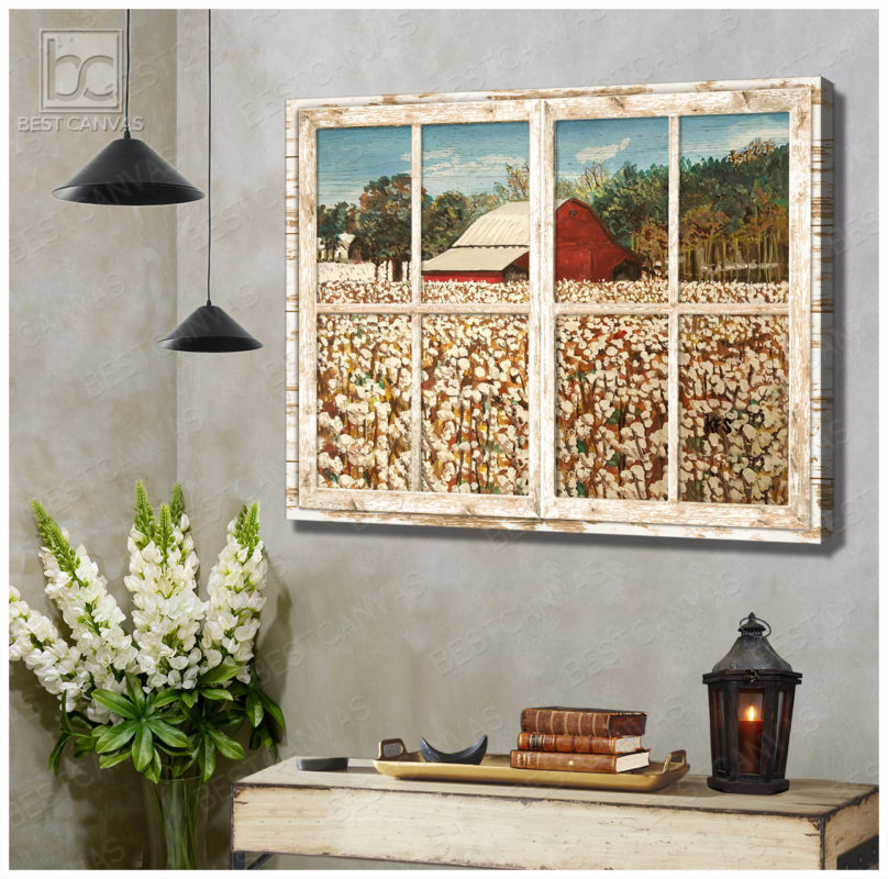 Top 03 Beautiful Cotton Field And Red Barn Through Rustic Window Canvas ...