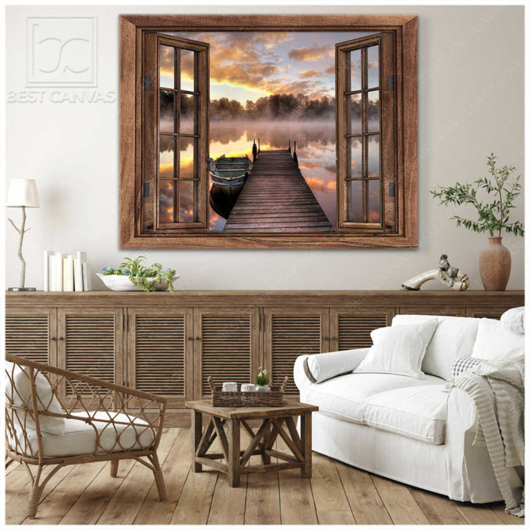Window Canvas Print Top 03 Beautiful Lake Through Window With Boat Art ...