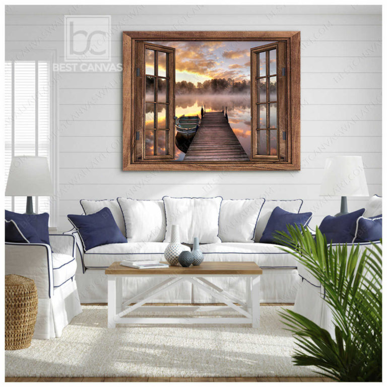 Window Canvas Print Top 03 Beautiful Lake Through Window With Boat Art ...