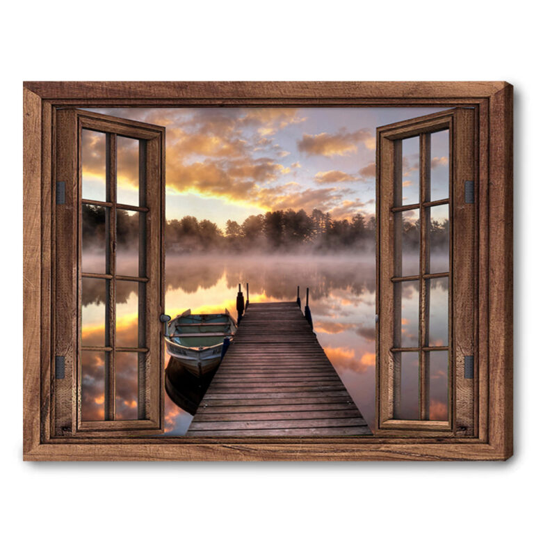Window Canvas Print Top 03 Beautiful Lake Through Window With Boat Art ...