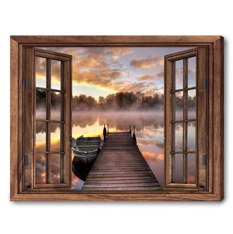Window Canvas Print Top 03 Beautiful Lake Through Window With Boat Art ...