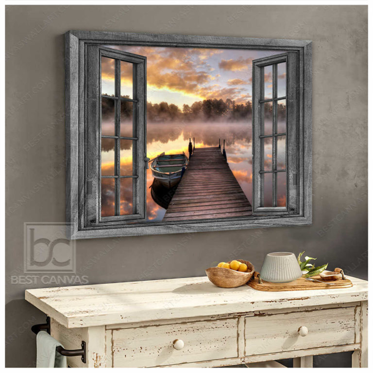 Top 03 Gorgeous Lake Through Gray Window With Boat Art For Lakehouse ...