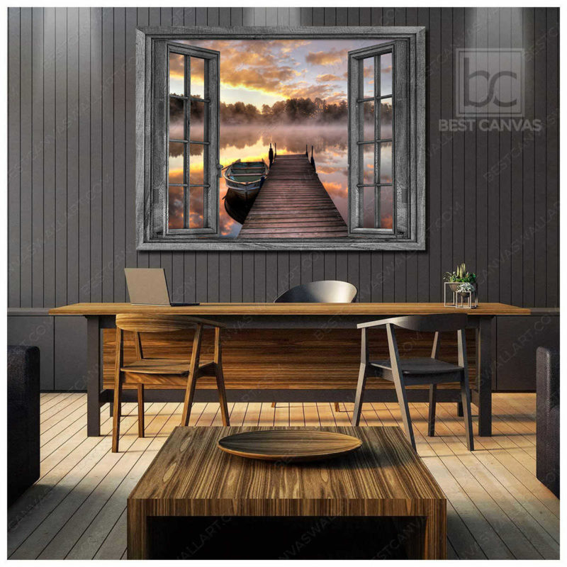 Top 03 Gorgeous Lake Through Gray Window With Boat Art For Lakehouse ...