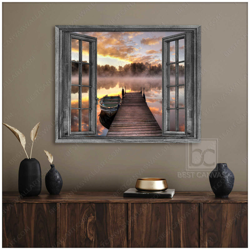 Top 03 Gorgeous Lake Through Gray Window With Boat Art For Lakehouse ...