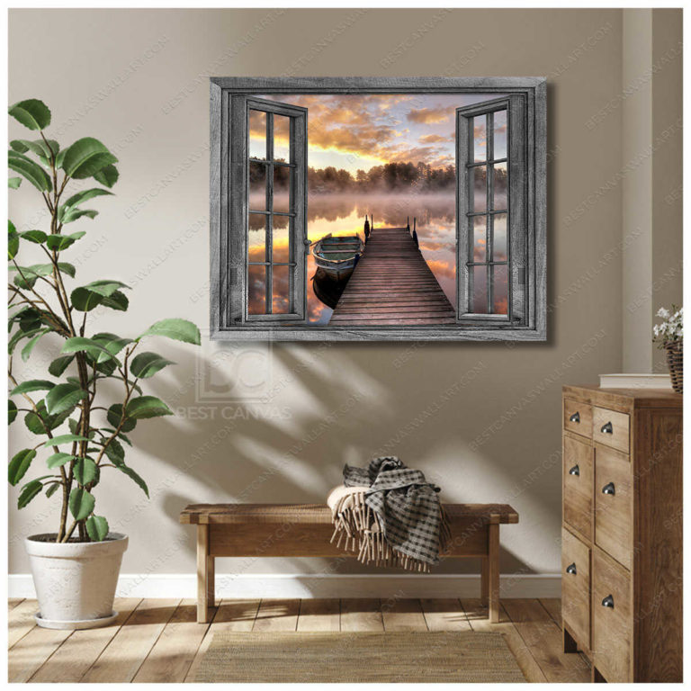 Top 03 Gorgeous Lake Through Gray Window With Boat Art For Lakehouse ...