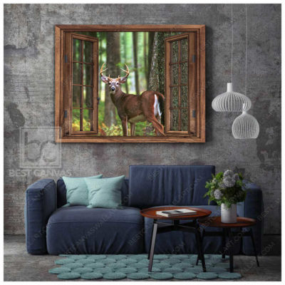 Beautiful White Tailed Deer In The Forest Through Rustic Window Wrapped ...
