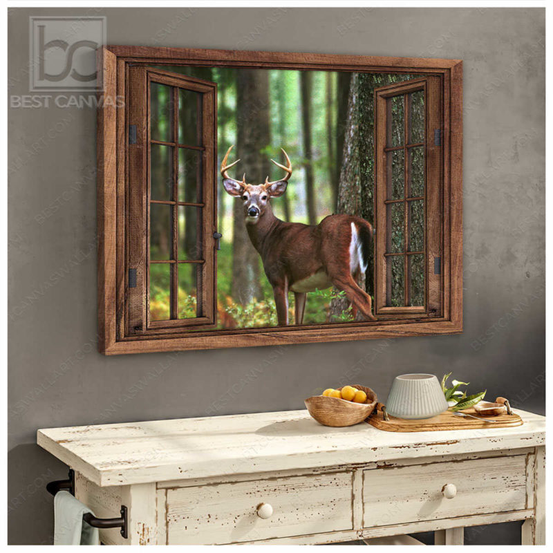 Beautiful White Tailed Deer In The Forest Through Rustic Window Wrapped ...