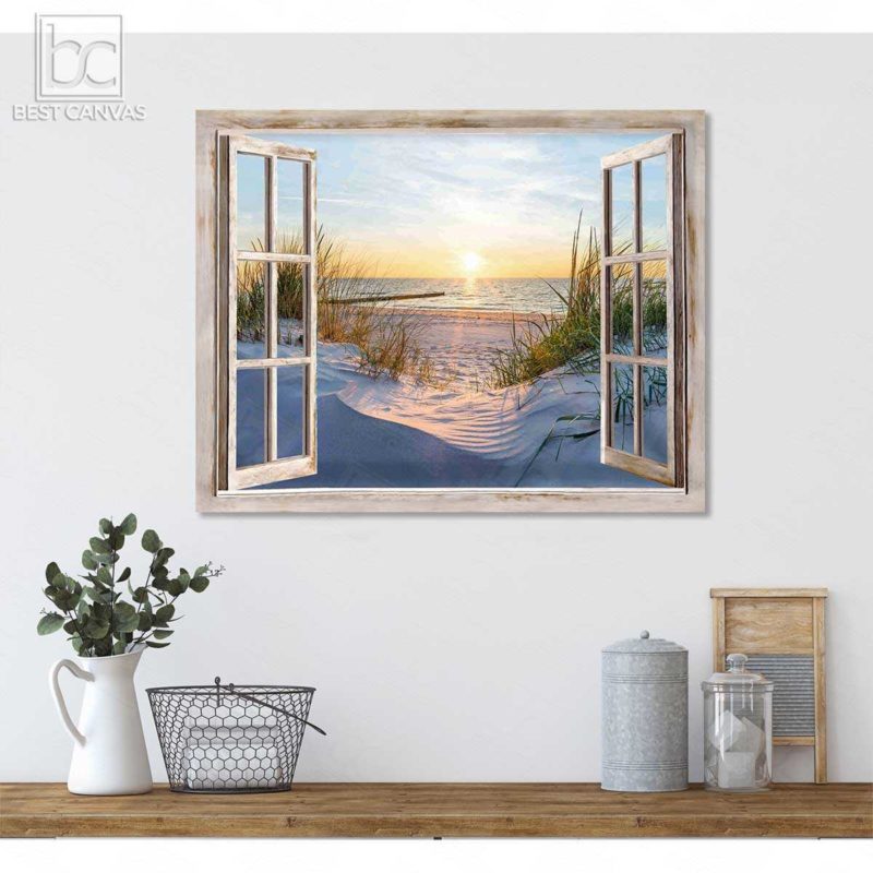Beautiful Beach In The Morning Through Window Wrapped Or Framed Canvas ...