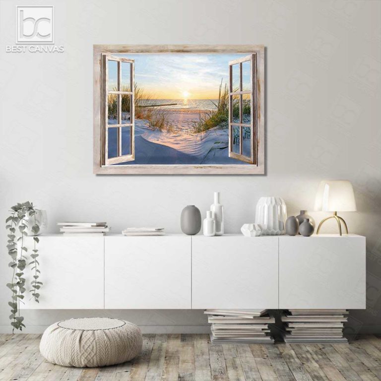 Beautiful Beach In The Morning Through Window Wrapped Or Framed Canvas ...