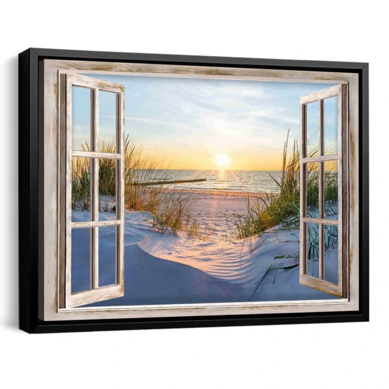 Beautiful Beach In The Morning Through Window Wrapped Or Framed Canvas ...