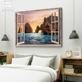 Top 03 Gorgeous Sunset Ocean Landscape Through Rustic Window Wrapped Or ...