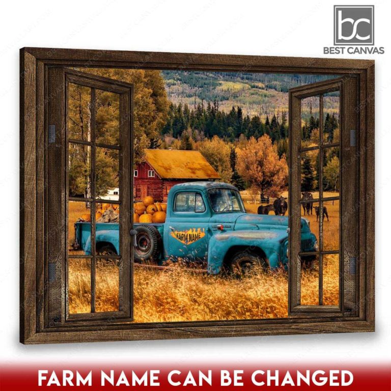 Fall On The Farm View With Old Truck And Pumpkin Art Through Rustic ...