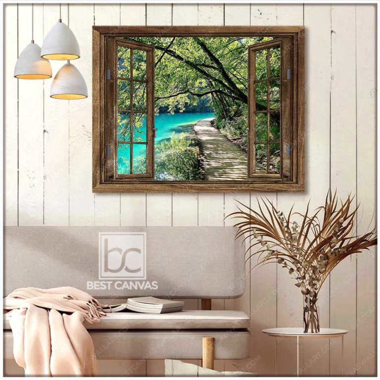 Small Road By The Lake Through Rustic Window Wrapped Or Framed Canvas ...
