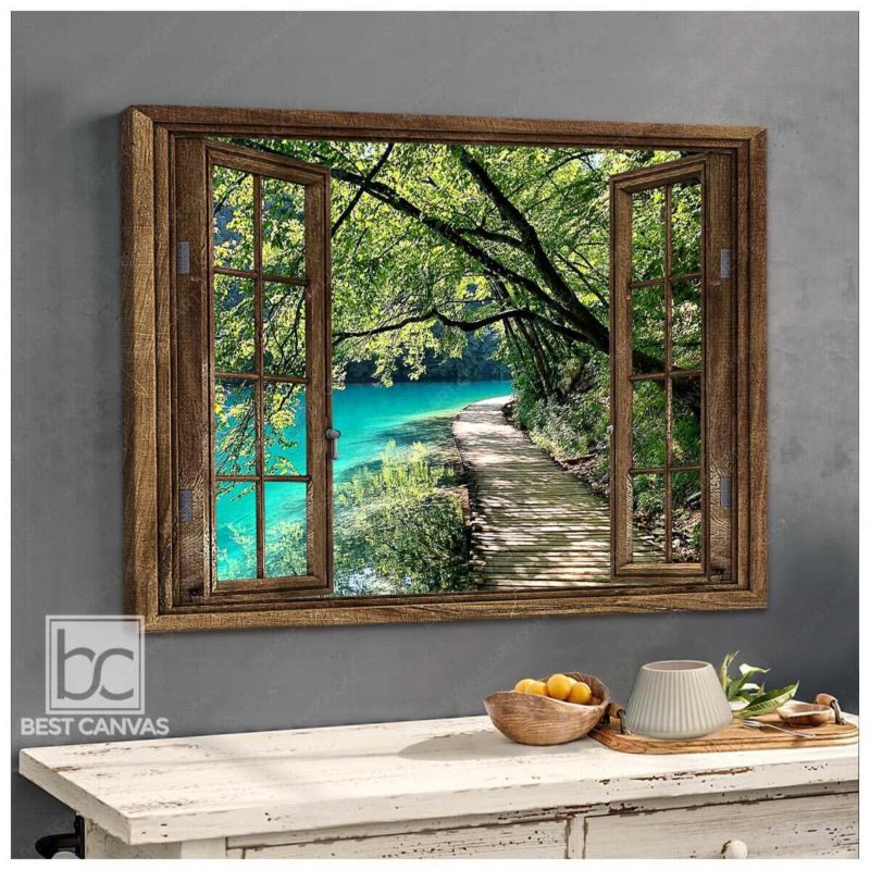 Small Road By The Lake Through Rustic Window Wrapped Or Framed Canvas ...