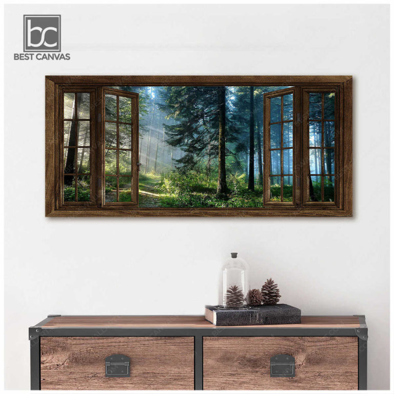 Forest Canvas Green Tall Trees Wall Art Through Rustic Window Large ...