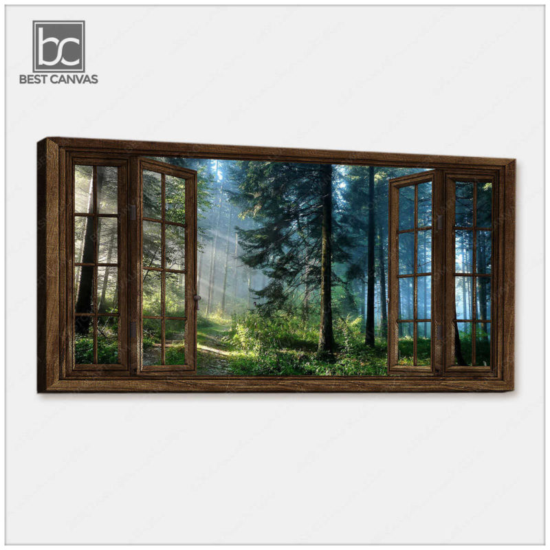 Forest Canvas Green Tall Trees Wall Art Through Rustic Window Large ...