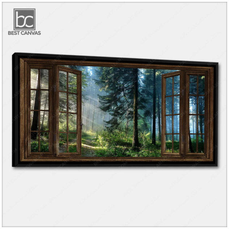 Forest Canvas Green Tall Trees Wall Art Through Rustic Window Large ...