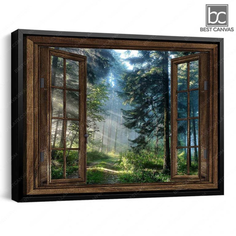 Forest Canvas Green Tall Trees Wall Art Through Rustic Window Large ...