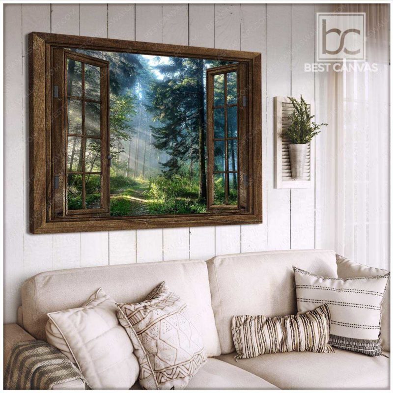 Forest Canvas Green Tall Trees Wall Art Through Rustic Window Large ...