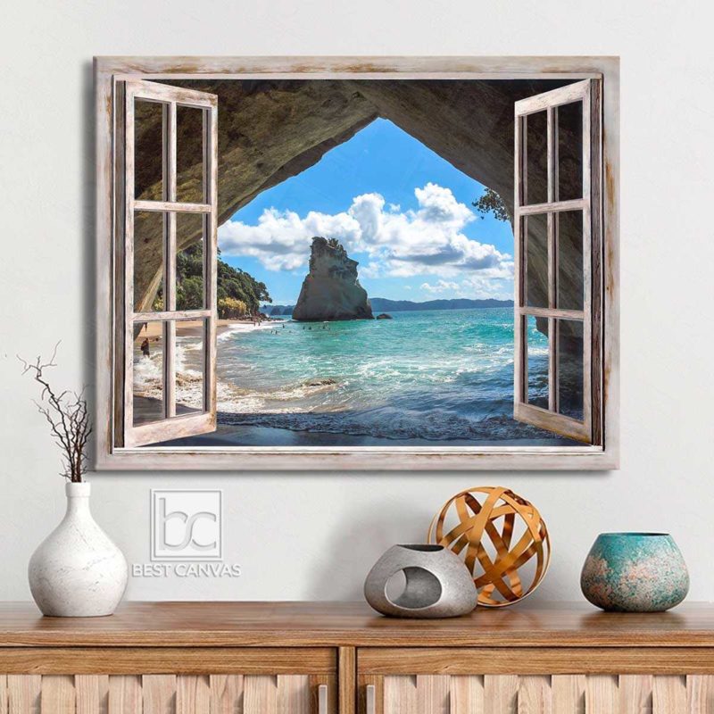 Landscape Canvas With Sunrise At Cathedral Cove Art Through Window ...