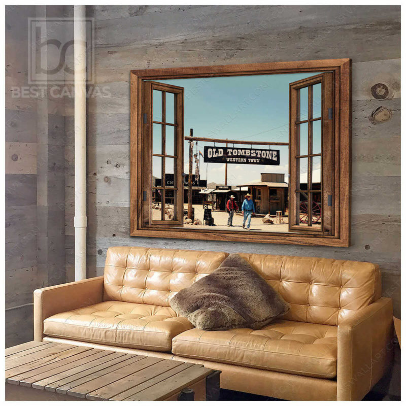 Western Living Canvas Wall Art Cow Boy In Western Town Through Rustic ...