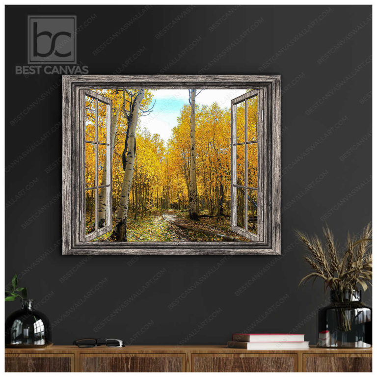 Forest Canvas Wall Art Birch Forest In Autumn Through Rustic Window ...