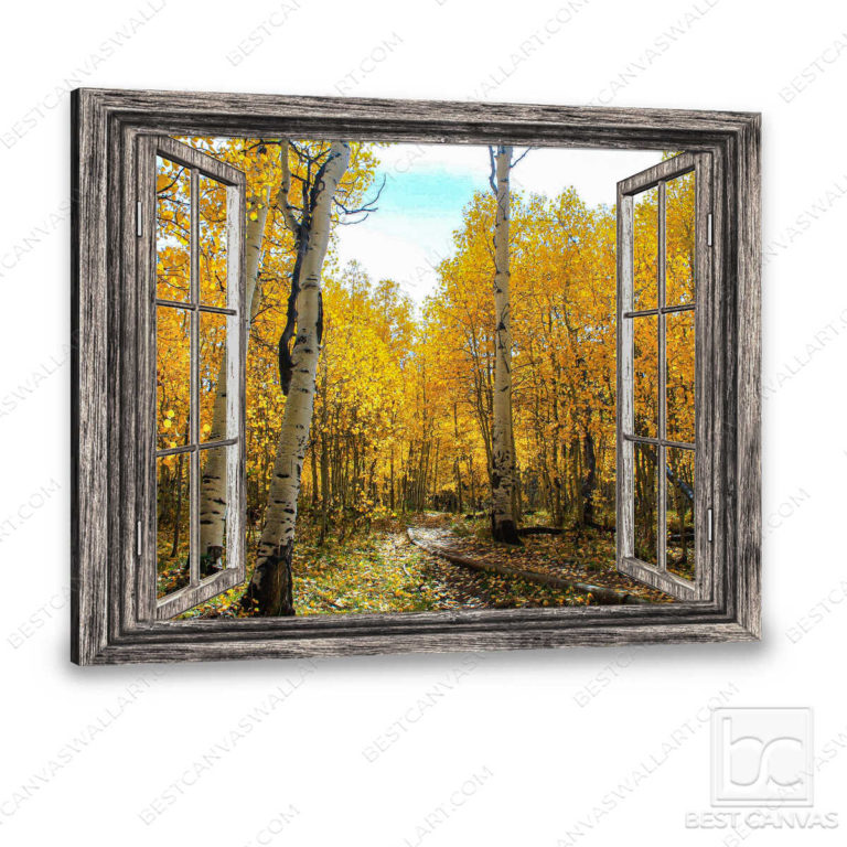 Forest Canvas Wall Art Birch Forest In Autumn Through Rustic Window ...
