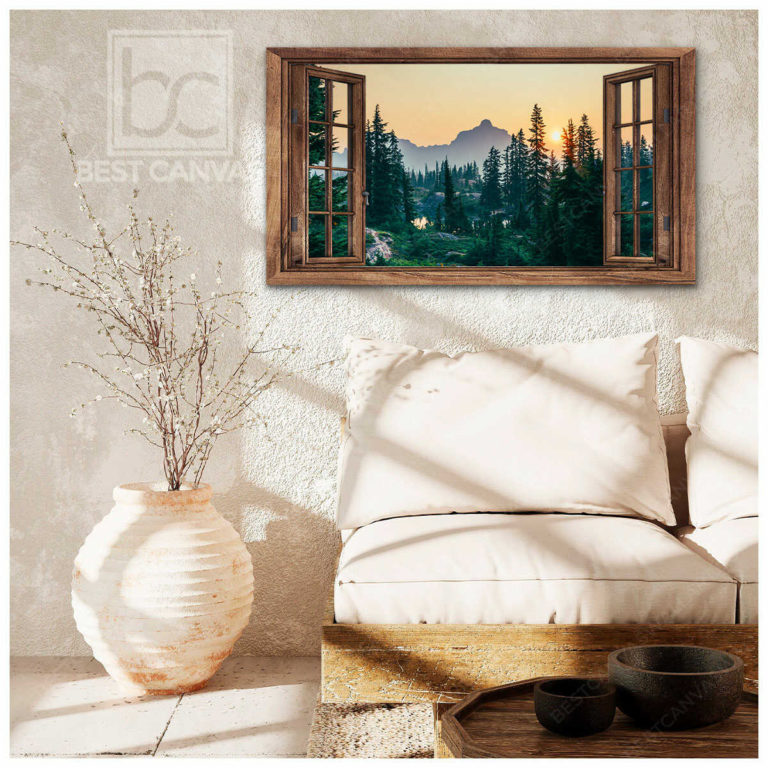 Morning Tree Fog And Mountain View Through Rustic Window Large Sizes ...