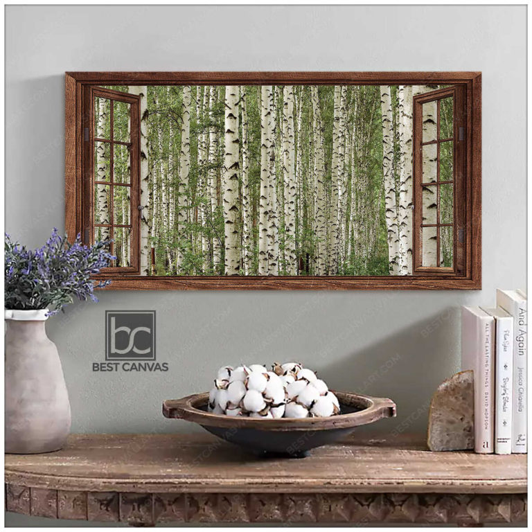 Spring Birch Tree Wall Art Through Rustic Window Large Sizes Wrapped Or ...