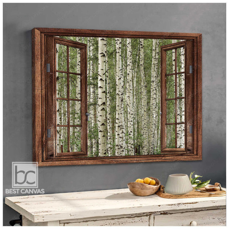 Spring Birch Tree Wall Art Through Rustic Window Large Sizes Wrapped Or ...