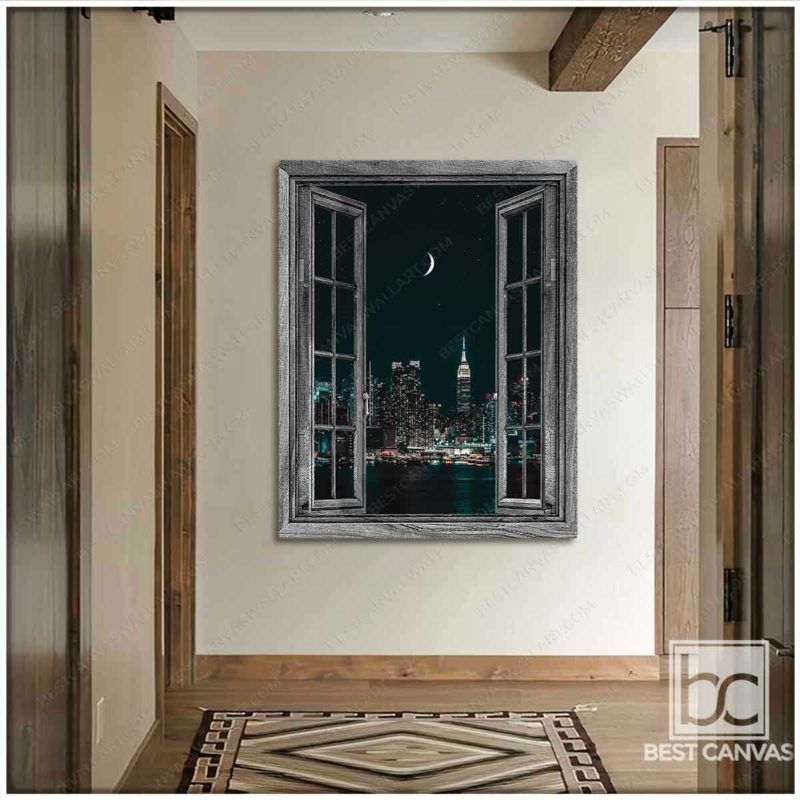 Amazing City Scape Through Rustic Window Wrapped Or Framed Canvas Wall ...