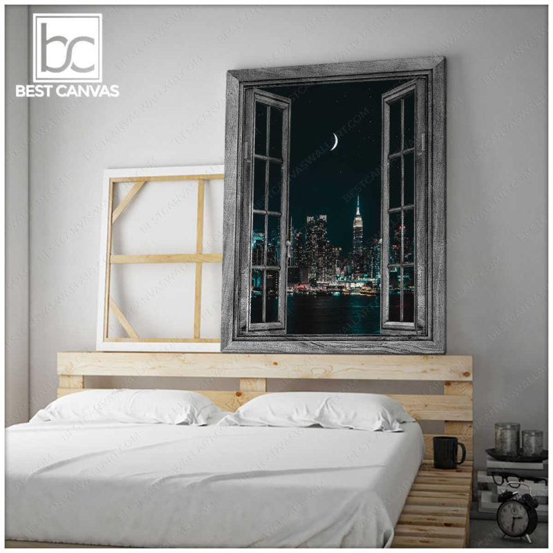 Amazing City Scape Through Rustic Window Wrapped Or Framed Canvas Wall ...