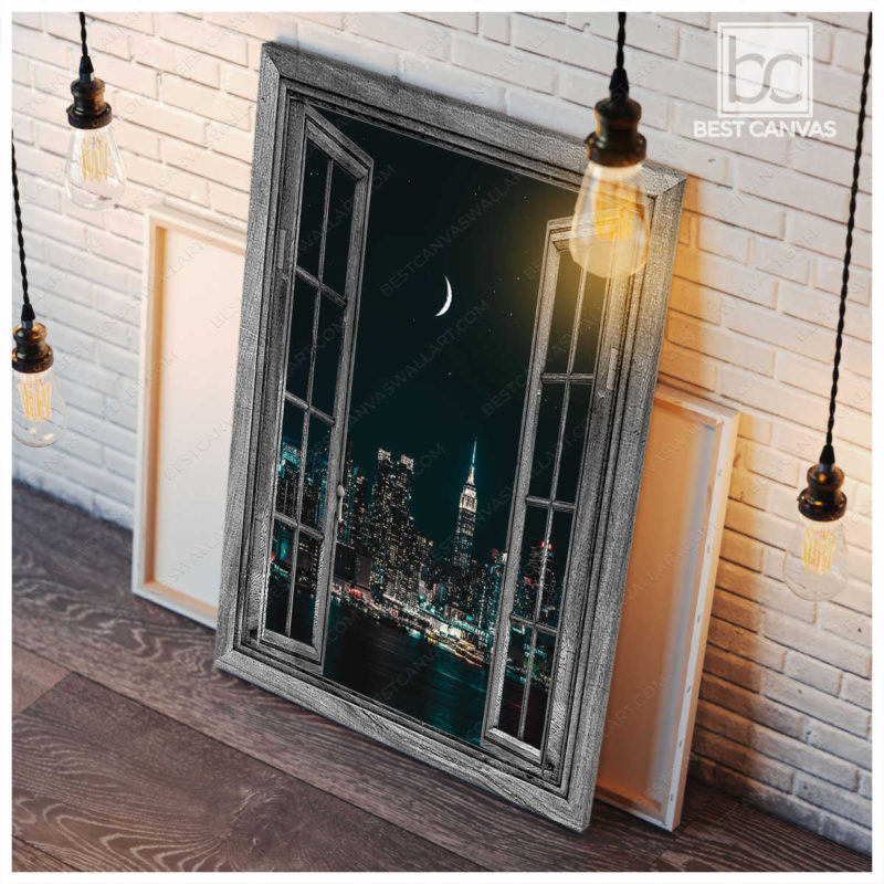 Amazing City Scape Through Rustic Window Wrapped Or Framed Canvas Wall ...