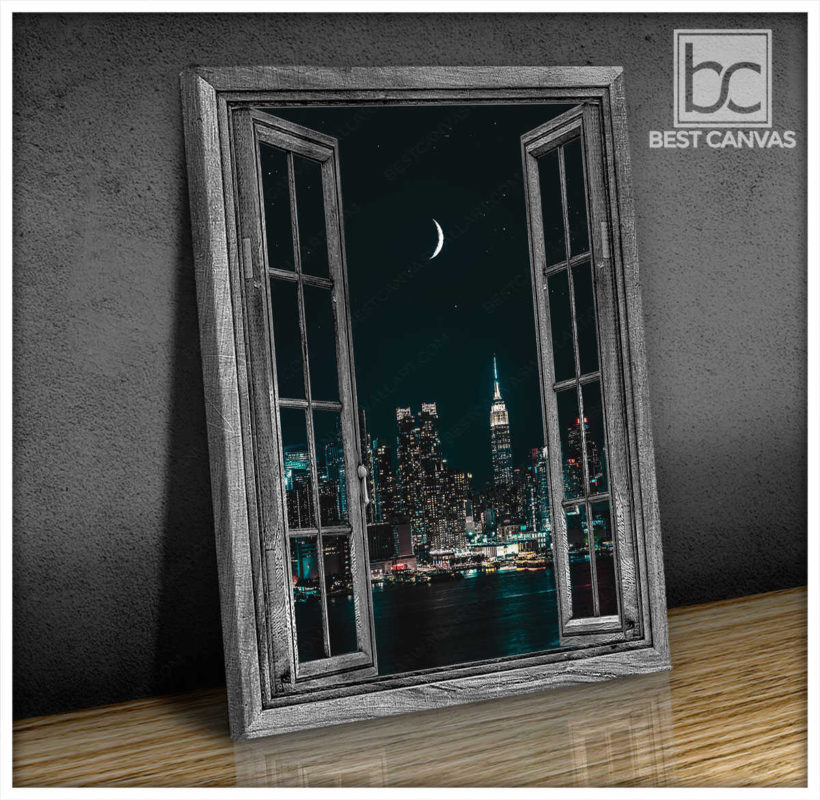Amazing City Scape Through Rustic Window Wrapped Or Framed Canvas Wall ...