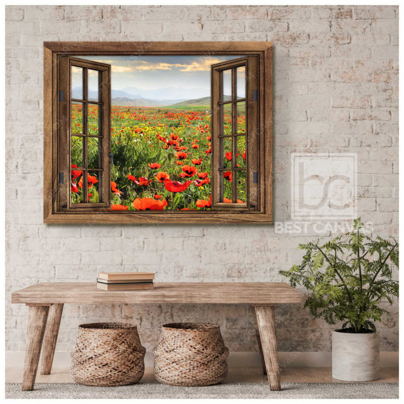 Poppy Wall Art Poppy Field In The Hill Through Rustic Window Wrapped Or ...
