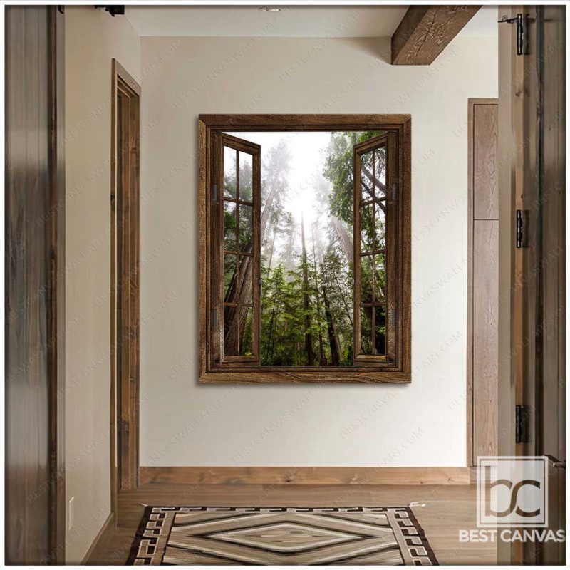 Tall Trees Wall Art Green Tall Tree In Forest Through Rustic Window ...