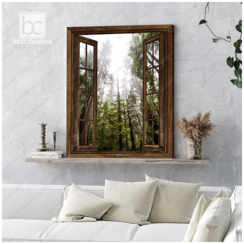 Tall Trees Wall Art Green Tall Tree In Forest Through Rustic Window ...