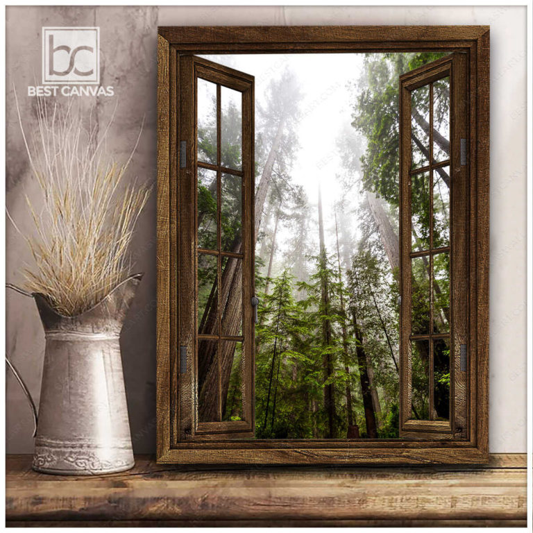Tall Trees Wall Art Green Tall Tree In Forest Through Rustic Window ...