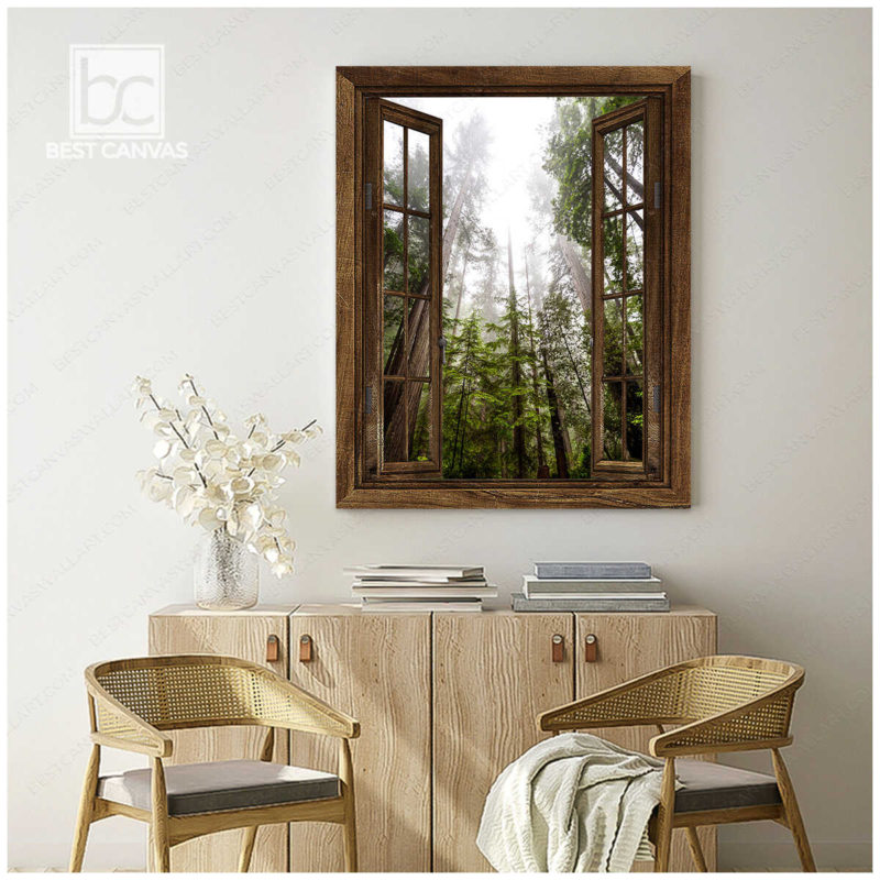 Tall Trees Wall Art Green Tall Tree In Forest Through Rustic Window ...