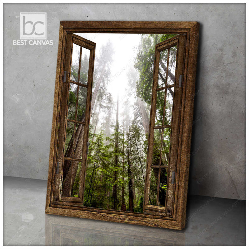 Tall Trees Wall Art Green Tall Tree In Forest Through Rustic Window ...