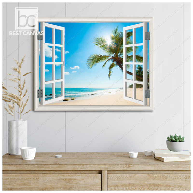 Beach Canvas Wall Art Sunrise Beach With Palm Tree Through White Window ...