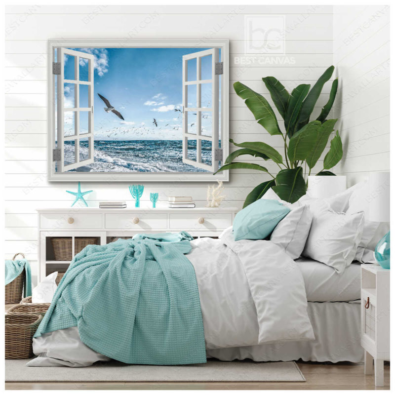Beach Canvas Wall Art Seagulls Birds Flying At Beach Through White ...