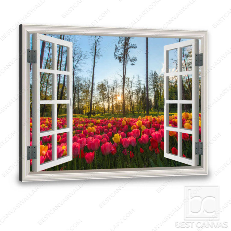 Tulip Canvas Wall Art Beautiful Tulip Garden Through White Window Beach ...
