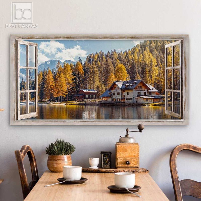 Autumn Fall Canvas Art Old Lake House With Tree In Autumn Through ...