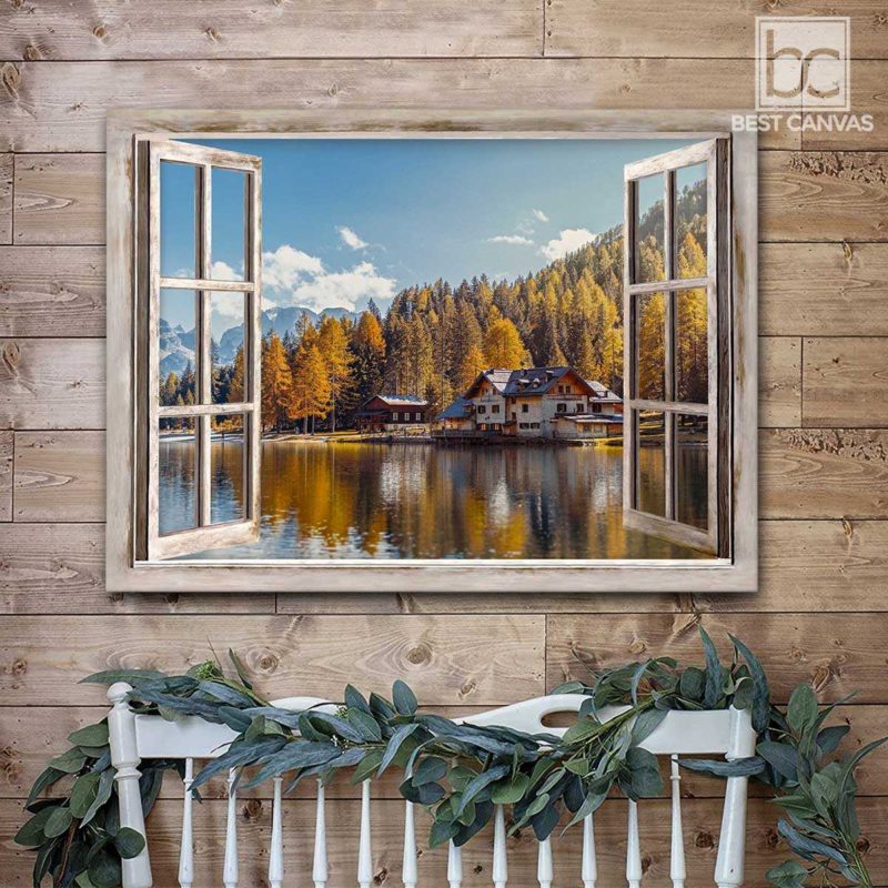 Autumn Fall Canvas Art Old Lake House With Tree In Autumn Through ...