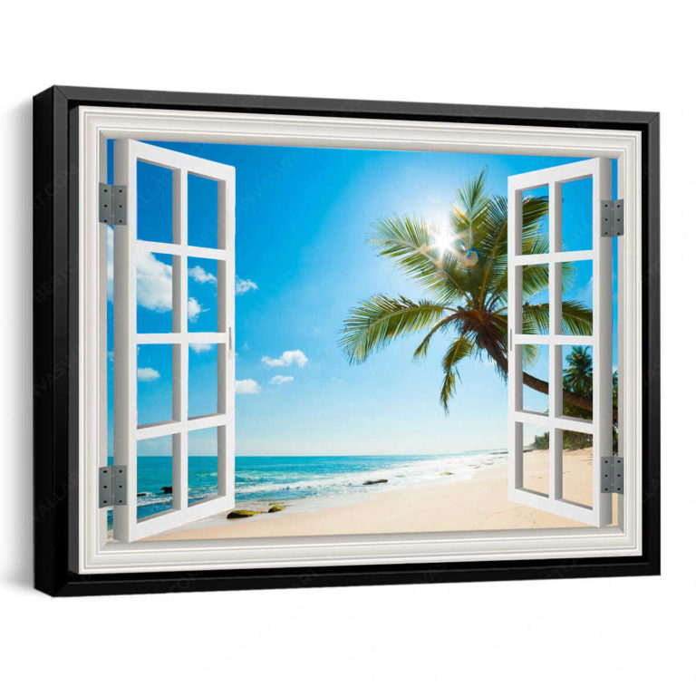 Beach Canvas Wall Art Sunrise Beach With Palm Tree Through White Window ...