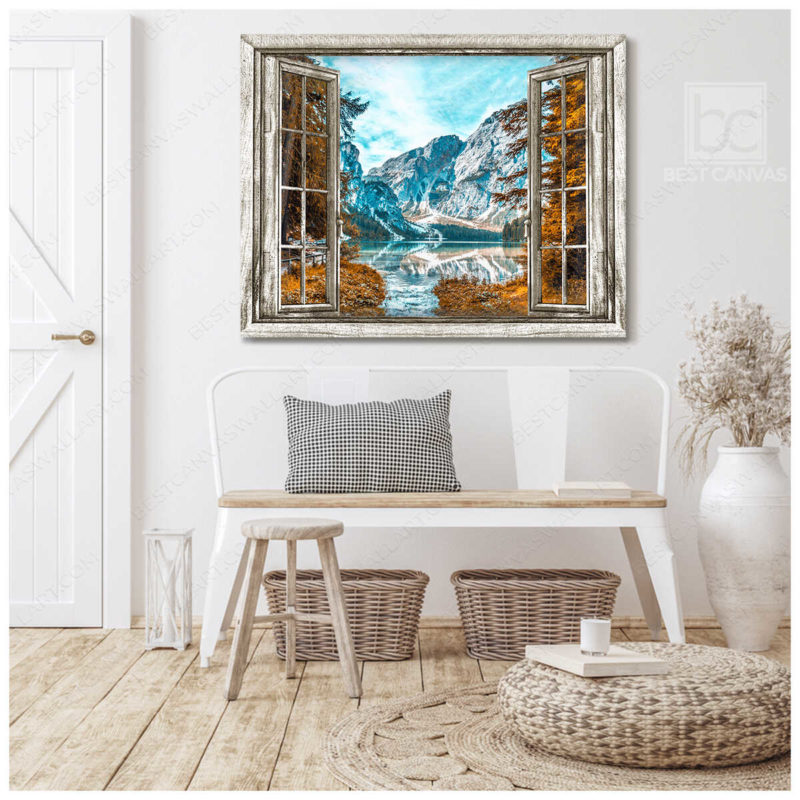 Autumn Canvas Wall Art Mountains And Lake Trees Through Rustic Window ...