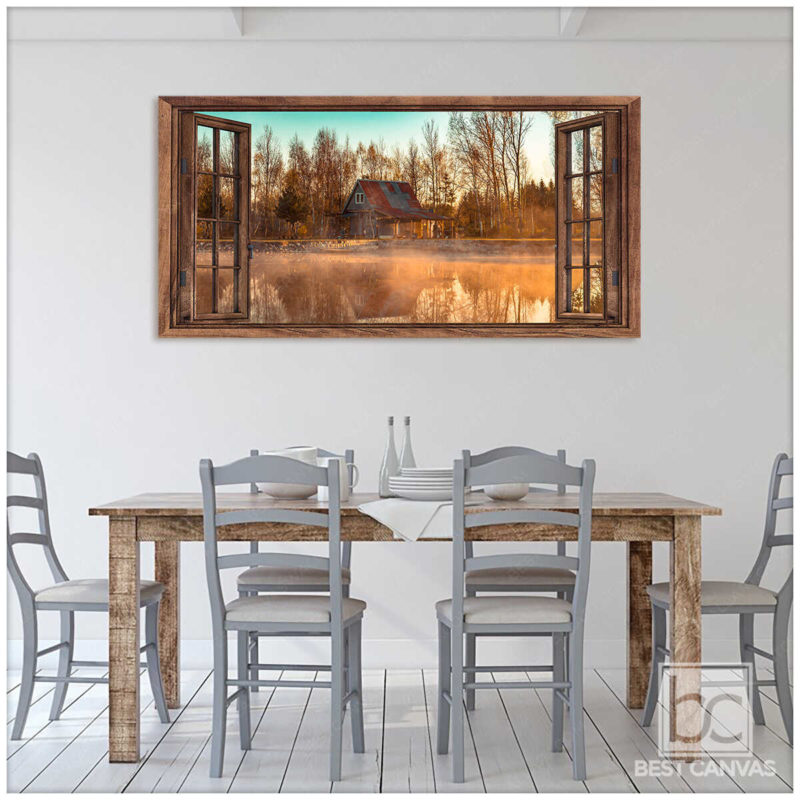 Morning Lake With Fog Through Rustic Window Wrapped Or Framed Canvas ...