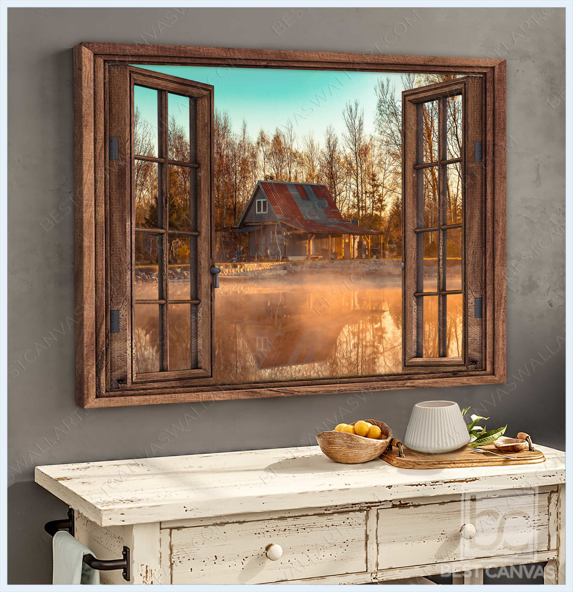 Morning Lake With Fog Through Rustic Window Wrapped Or Framed Canvas ...