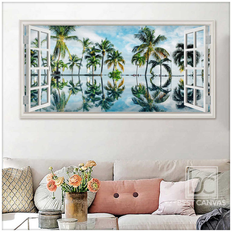 Palm Tree Reflection Canvas Wall Art Through Rustic Window Wrapped Or ...